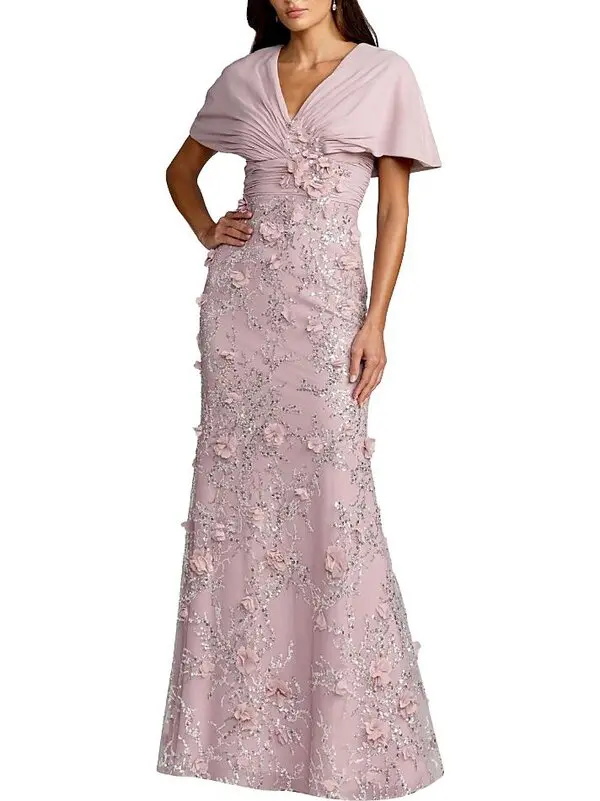 Mac Duggal Chiffon Faux Wrap Dress With Beaded Skirt Column Gown - Rose