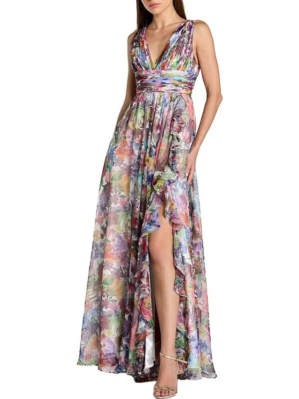 Mac Duggal Sleeveless Printed Chiffon V Neck Ruched Gown - Multi