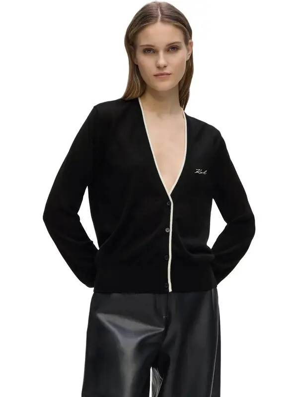 Karl Lagerfeld Merino Wool V-neck Cardigan With Contrast Piping - Black