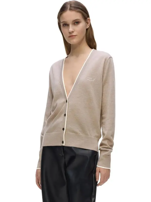Karl Lagerfeld Merino Wool V-neck Cardigan With Contrast Piping - Sandstone Melange