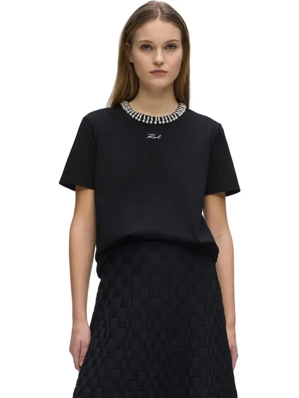 Karl Lagerfeld Faux-pearl Neck Organic Cotton T-shirt - Black