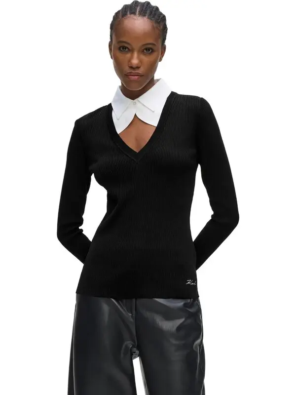 Karl Lagerfeld Contrast Collar Knit Polo Shirt - Black/white