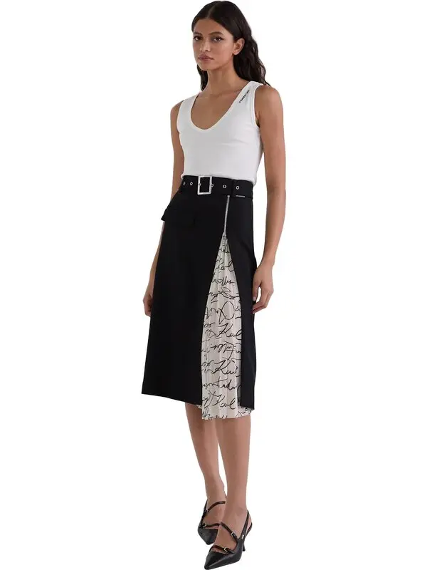 Karl Lagerfeld Pleated Panel Midi Skirt With Belted Waist - Black