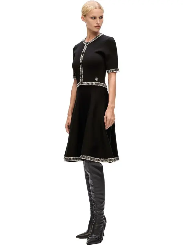Karl Lagerfeld Bouclé Trimmed Fit-and-flare Knit Dress - Black