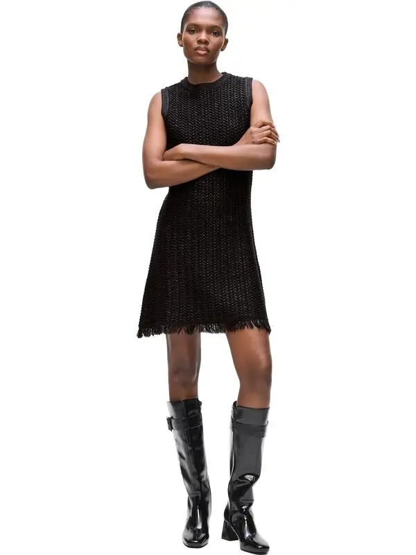 Karl Lagerfeld Sleeveless Textured Knit Midi Dress With Fringe Hem - Black