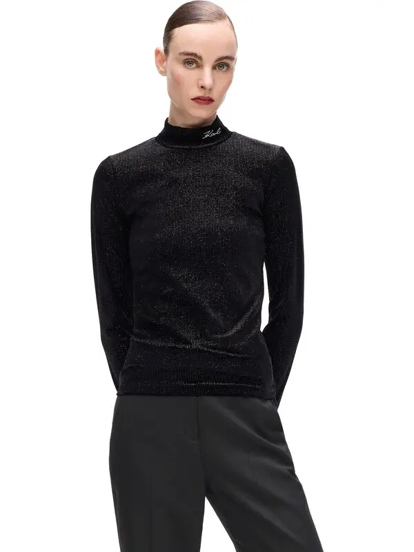 Karl Lagerfeld Sparkling Velvet Mock Neck Top - Black