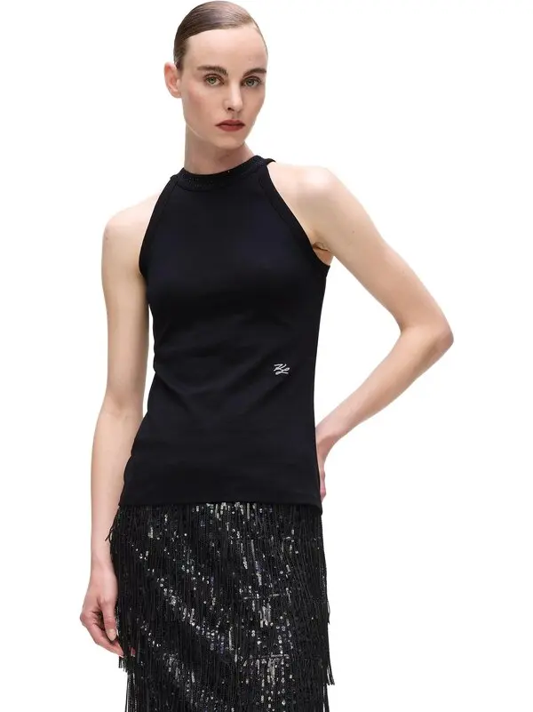 Karl Lagerfeld Rhinestone Embellished Halter Neck Top - Black