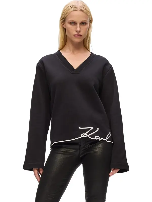 Karl Lagerfeld Signature Logo V-neck Sweatshirt - Black