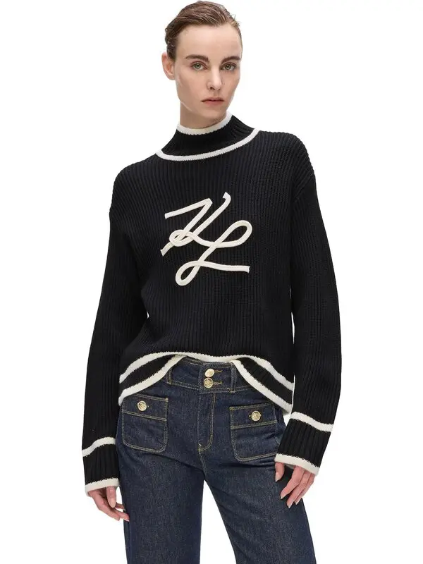 Karl Lagerfeld Ribbed Turtleneck Sweater With Autograph Logo Embroidery - Black
