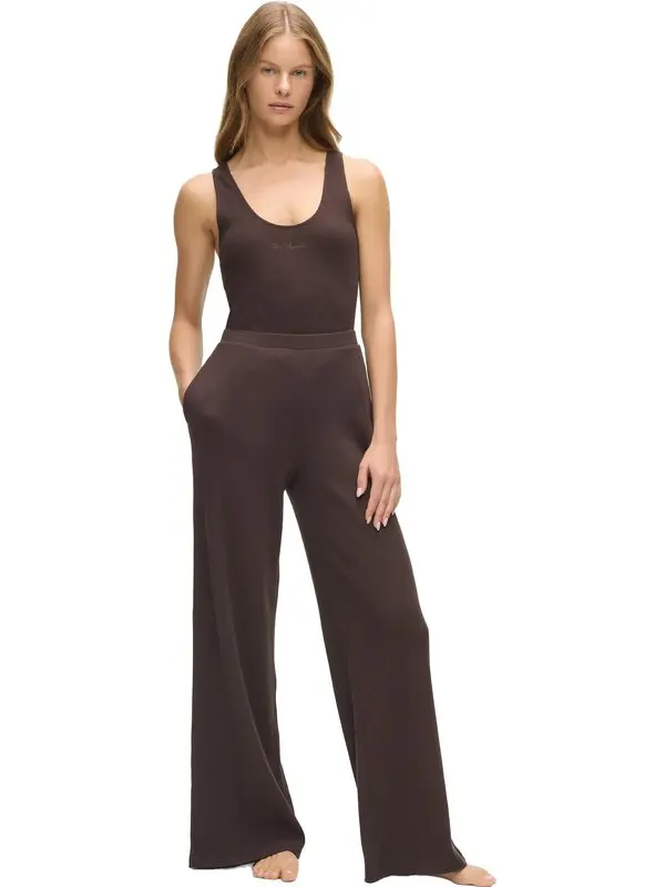 Karl Lagerfeld Rib-knit Wide Leg Loungewear Pants - Black Coffee