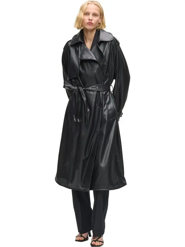 Karl Lagerfeld Perforated Faux Leather Double-breasted Trench Coat - Black