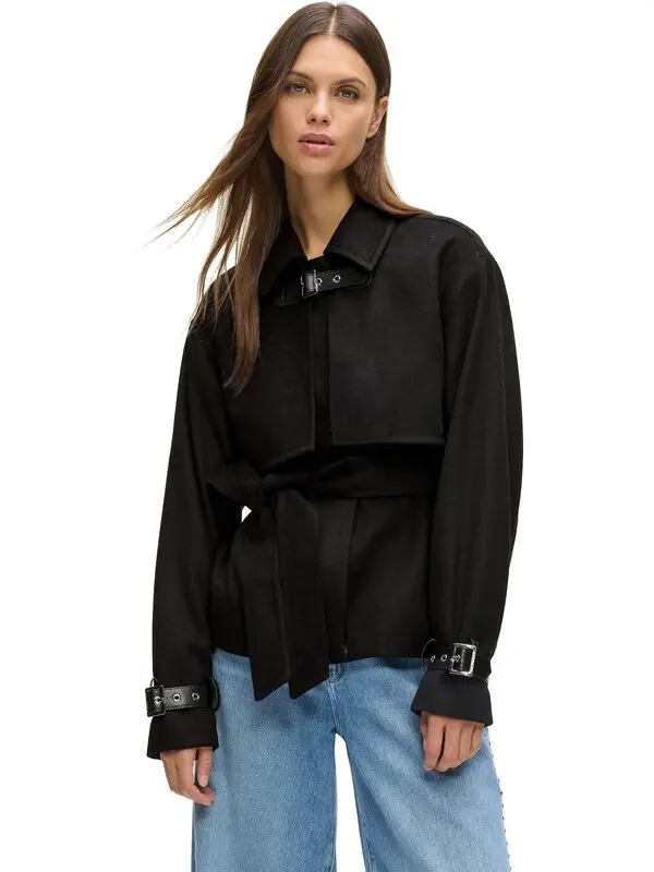 Karl Lagerfeld Short Wool-blend Coat With Faux-leather Accents - Black