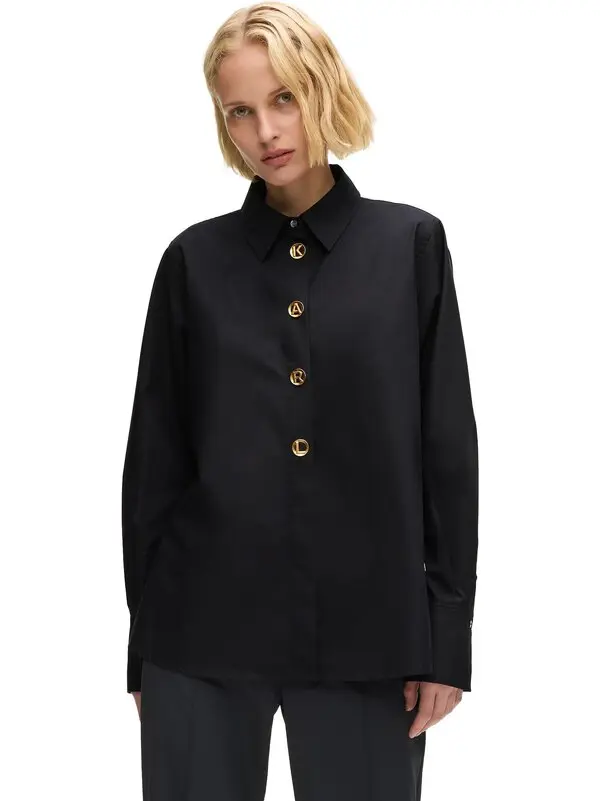 Karl Lagerfeld Organic Cotton Poplin Shirt With Gold Karl Lettering Snap Buttons - Black