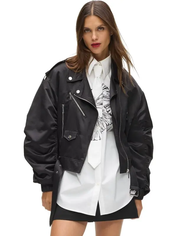 Karl Lagerfeld Satin Bomber Jacket With Belted Waist - Black