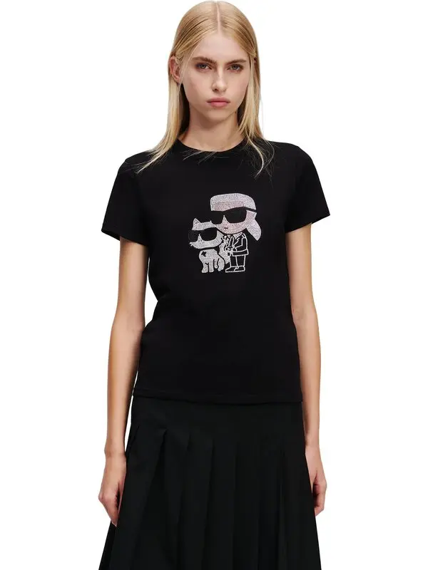 Karl Lagerfeld Ikon Karl & Choupette Rhinestone T-shirt - Black
