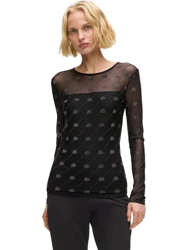 Karl Lagerfeld Rhinestone Autograph Mesh Top - Black