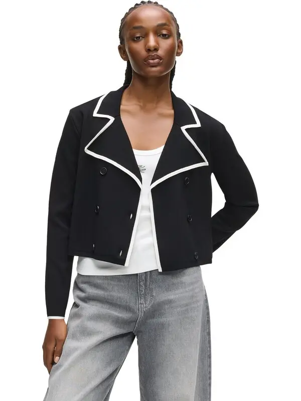 Karl Lagerfeld Double-breasted Cropped Tailored Cardigan With Contrast Piping - Black/white
