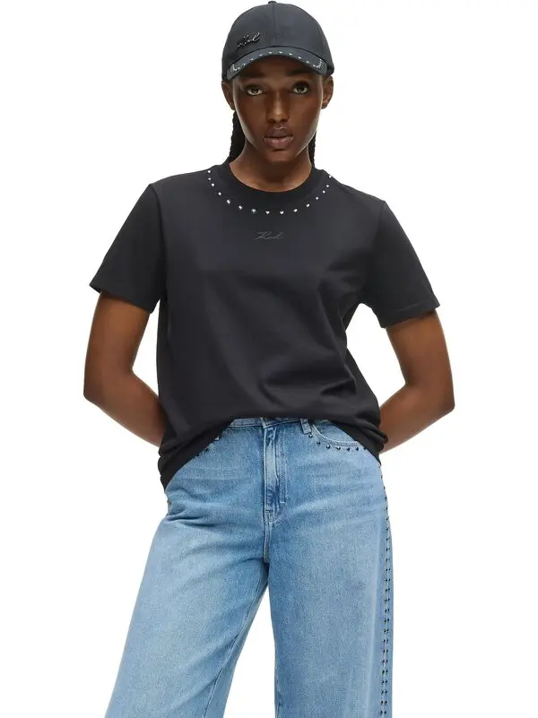 Karl Lagerfeld Studded Signature T-shirt In Organic Cotton - Black