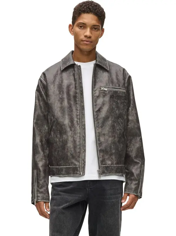 KL JEANS Distressed Faux Leather Jacket - Washed Black