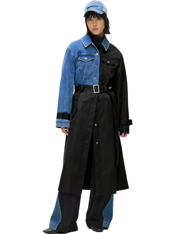 KL JEANS Denim Panel Trench Coat - Washed Blue-black