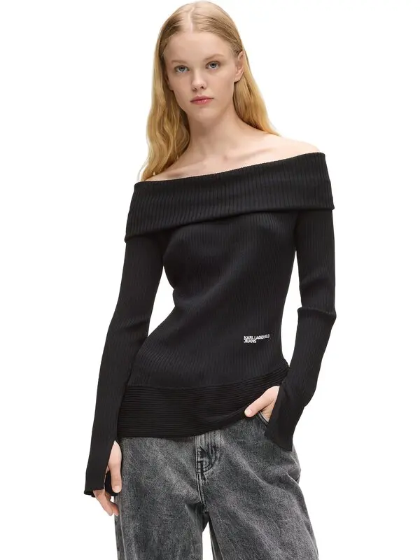 KL JEANS Jeans Off-shoulder Ribbed Knit Top - Black