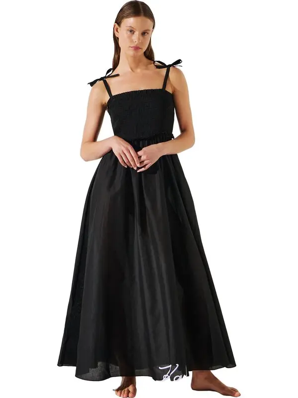 Karl Lagerfeld Beach Dress With Smocked Bodice And Tie Straps - Black