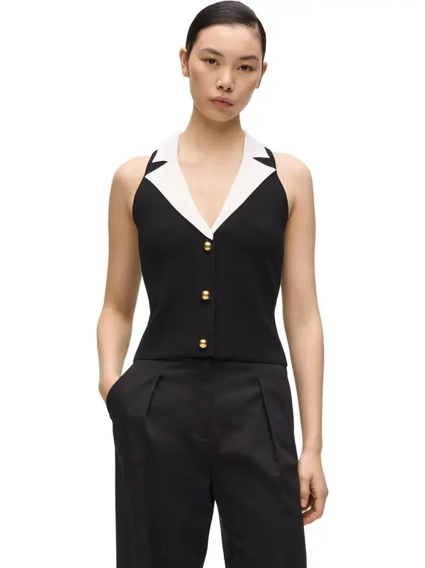 Karl Lagerfeld Sleeveless Tailored Knit Top With White Collar And Gold Logo Buttons - Black/white