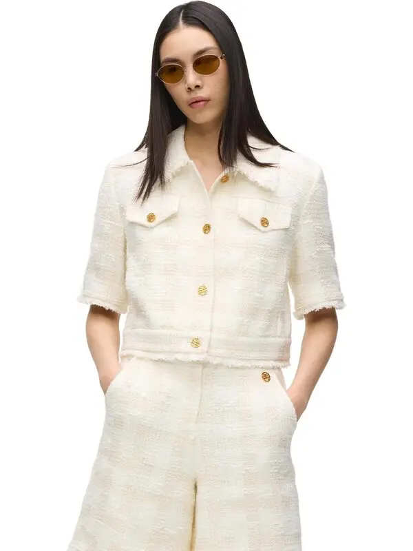 Karl Lagerfeld Short-sleeved Bouclé Cropped Blazer With Gold Autograph Buttons - Pristine