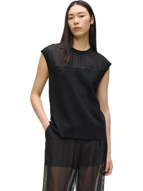 Karl Lagerfeld Signature Organza Panel Tank Top - Black