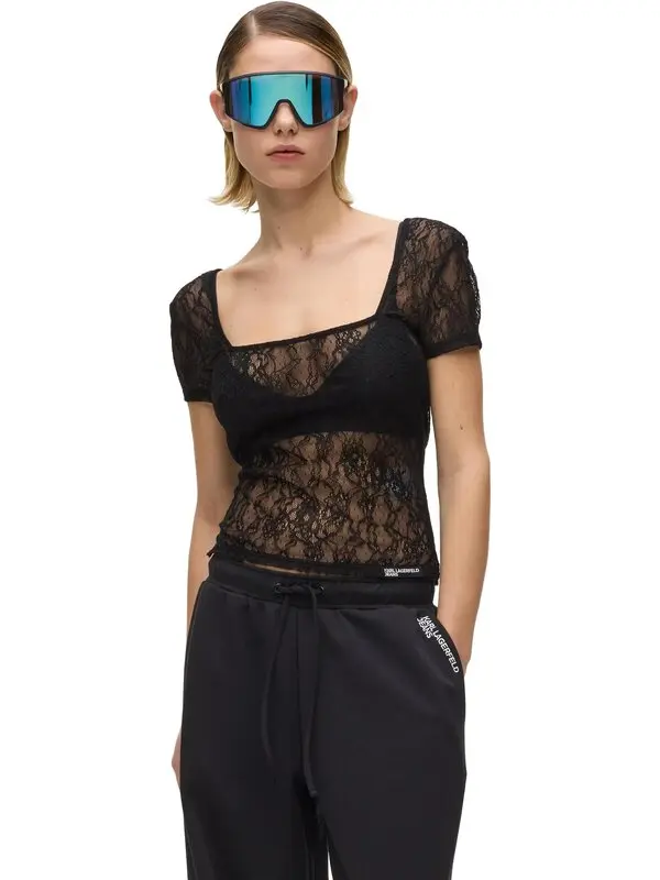 KL JEANS Cap-sleeved Lace Top - Black