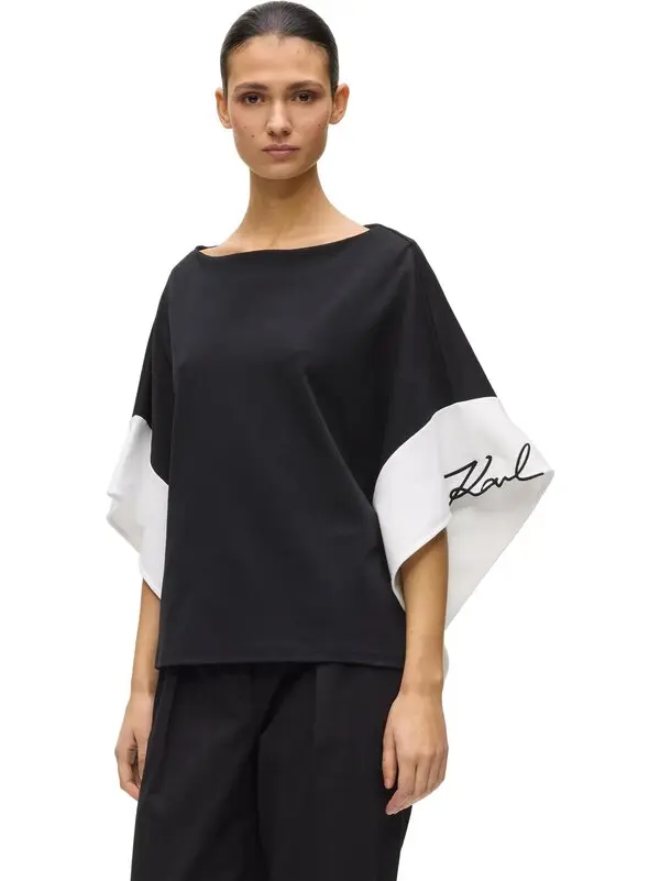Karl Lagerfeld Wide Sleeve Top With Embroidered Logo - White/black