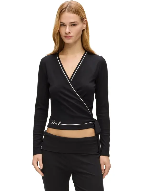 Karl Lagerfeld Signature Loungewear Wrap Top - Black