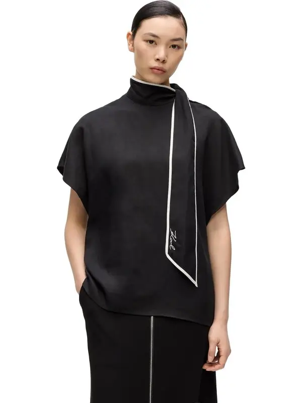 Karl Lagerfeld Short-sleeve High Neck Blouse With Self-tie Scarf And Contrast Piping - Black