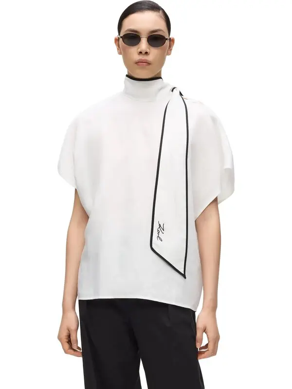 Karl Lagerfeld Short-sleeve High Neck Blouse With Self-tie Scarf And Contrast Piping - Pristine