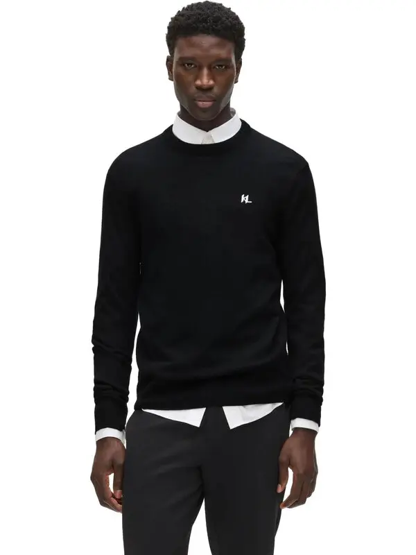 Karl Lagerfeld Merino Wool Crew Neck Sweater With Monogram Embroidery - Black