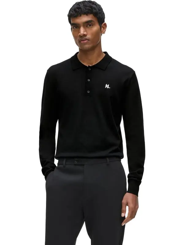 Karl Lagerfeld Merino Wool Long-sleeved Polo Shirt - Black