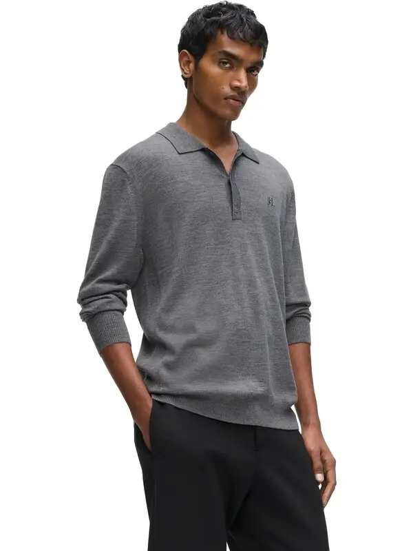 Karl Lagerfeld Merino Wool Long-sleeved Polo Shirt - Medium Grey Melange