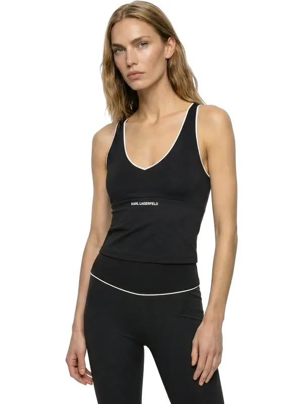 Karl Lagerfeld Contrast Piping V-neck Athleisure Tank Top - Black