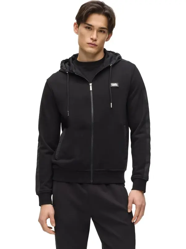 Karl Lagerfeld Cotton Blend Zip-up Hoodie With Nylon Accents And Logo - Black
