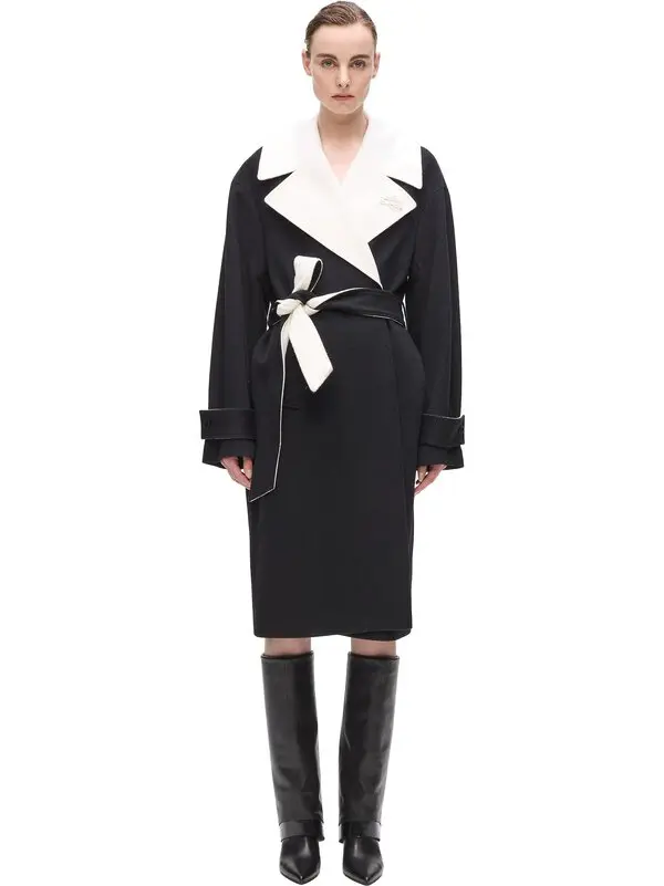 Karl Lagerfeld Classic Wool Blend Coat With Contrasting Collar - White/black