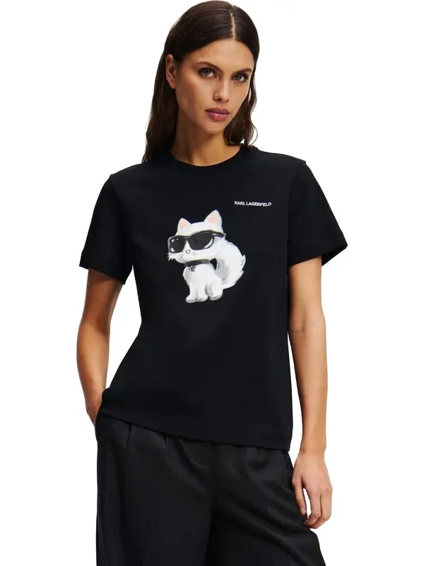 Karl Lagerfeld Organic Cotton T-shirt With Ikon Choupette Graphic - Black