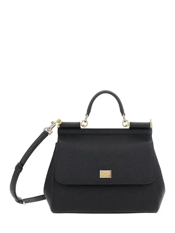 Dolce & Gabbana Sicily" Grained Leather Handbag With Logo Plate - Black