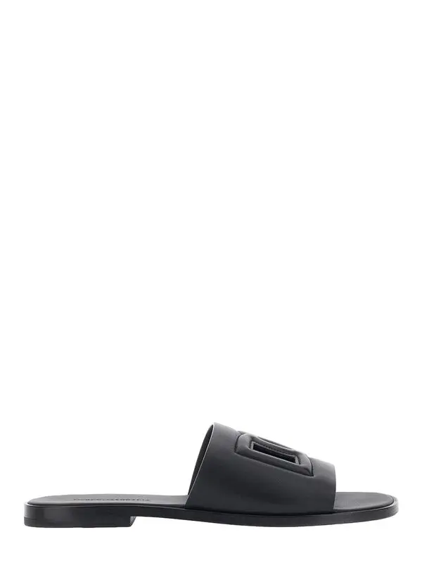 Dolce & Gabbana Leather Cut-out Logo Detail Flat Sandals - Black