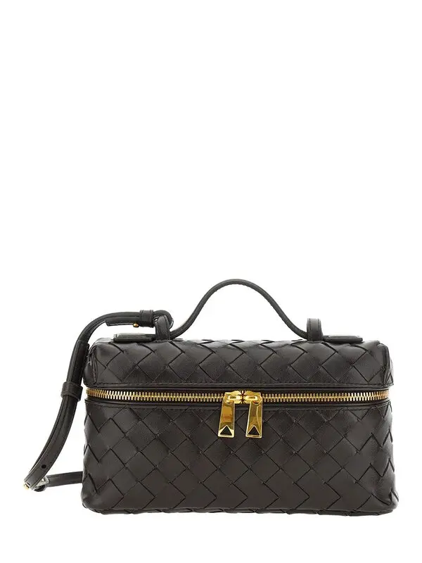 Bottega Veneta Vanity Case With Removable Shoulder Strap And Intreccio Motif In Leather - Brown