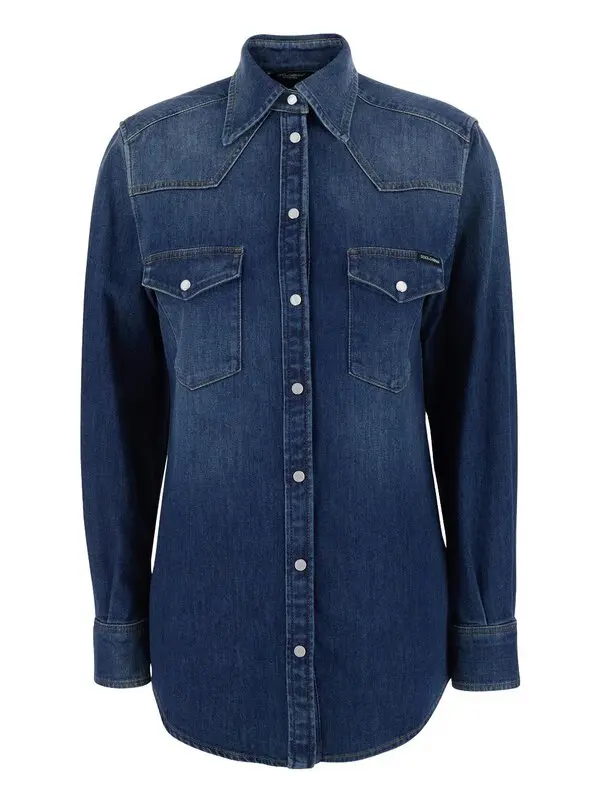 Dolce & Gabbana Denim Shirt With Metallic Logo Patch - Multicolor