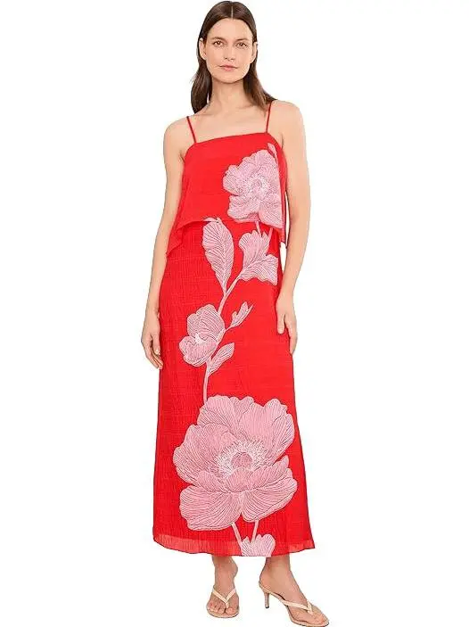 Vince Camuto Four Tier Overlay Midi Dress With Floral Print - Red