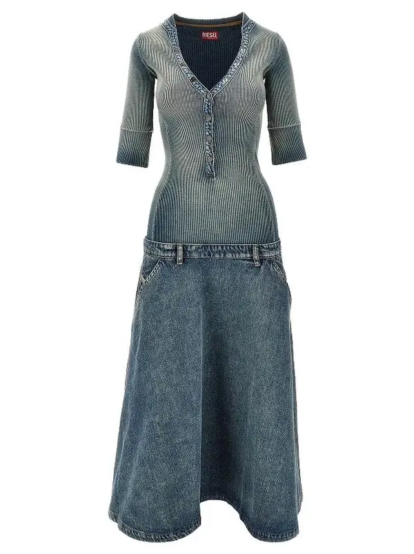 DIESEL® Ribbed Knit Denim Midi Dress With Faded Effect - Blue