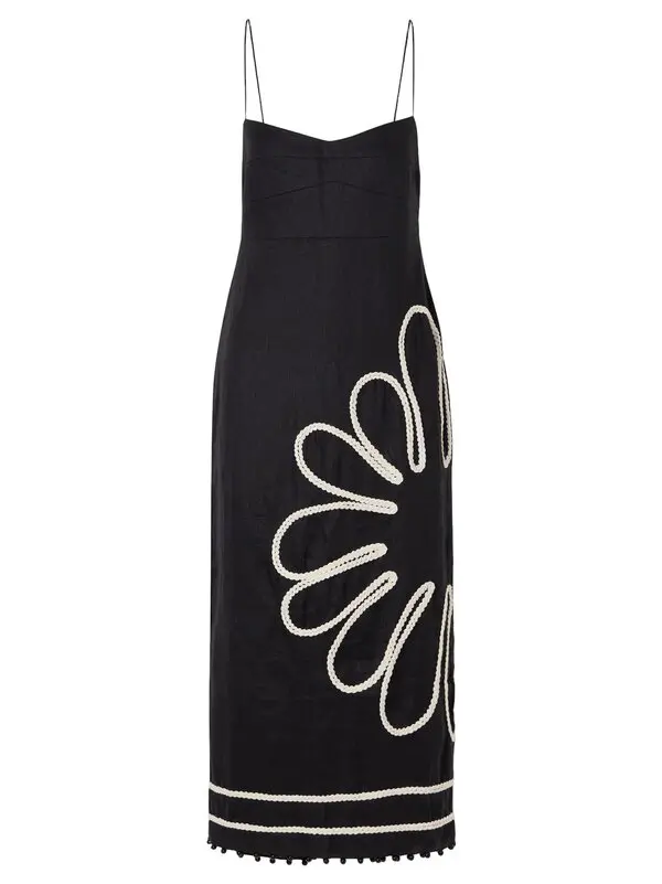 CALA DE LA CRUZ Paloma Embroidered Linen Midi Dress With Bead Embellishments - Black