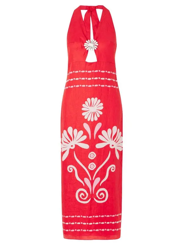 CALA DE LA CRUZ Orly Embellished Cutout Printed Linen Maxi Dress - Red