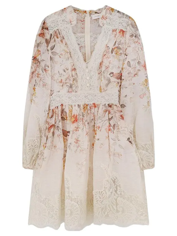 Zimmermann Luna Linen And Silk Dress With Lace Inserts - Beige